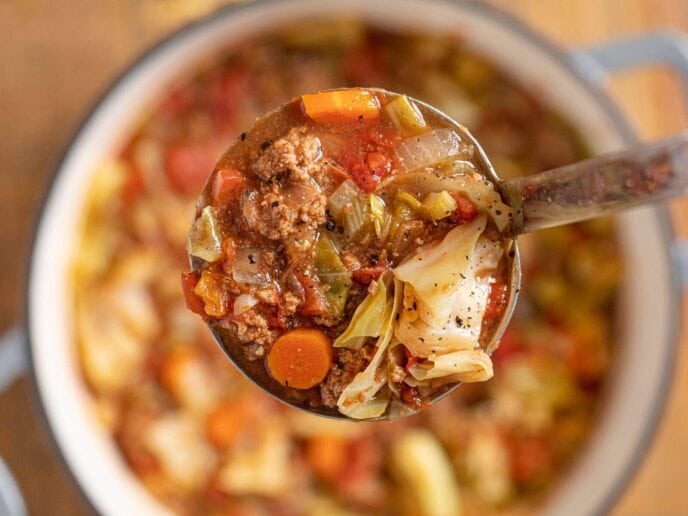 Ground Beef Cabbage Soup (Stove, Crockpot or IP) Dinner, then Dessert